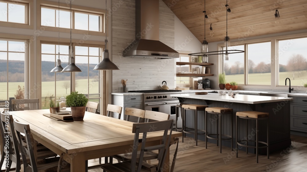 Rustic modern farmhouse kitchen with shiplap island wood vent hood and ...