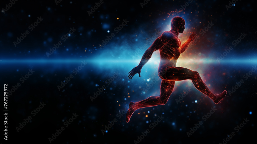 Fast running young man athlete runs on black background with space for ...