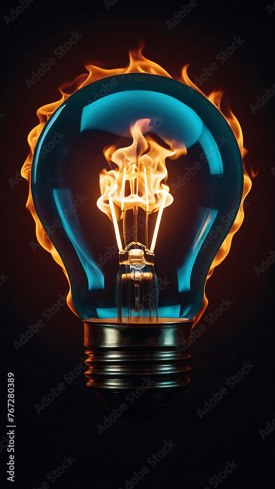 Ignition of Brilliance - classic light bulb surrounded by flames ...