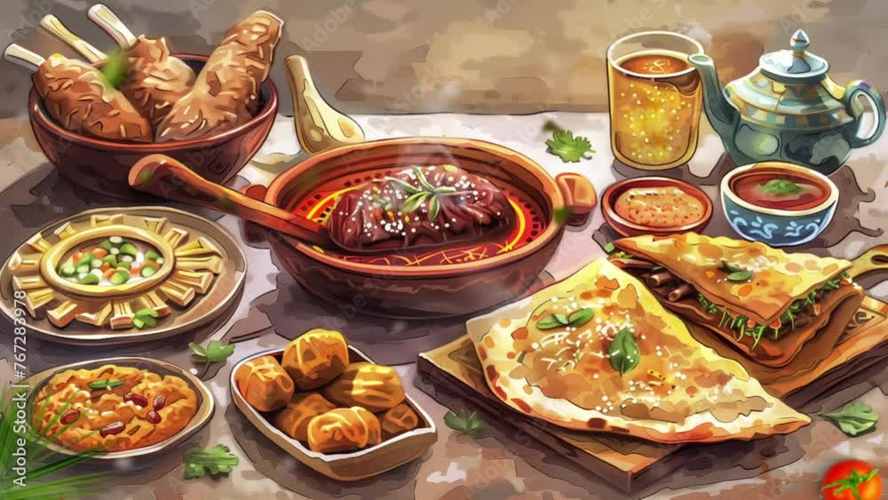 Muslim family dinner. Table prepared in Ramadan food, anime or cartoon ...