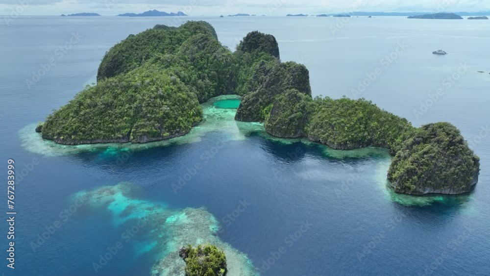 Rock islands, surrounded by coral reef, rise from Raja Ampat's tropical ...