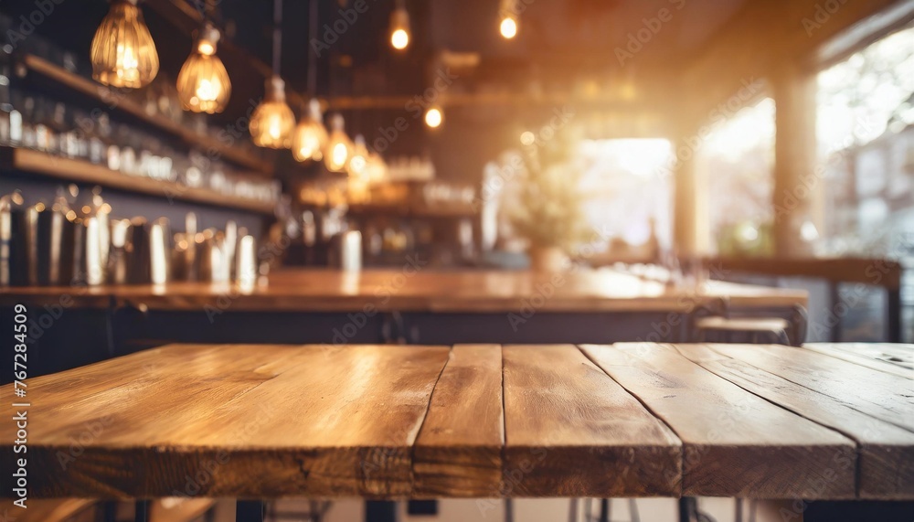 bar table interior in pub with wooden counter background desk space ...
