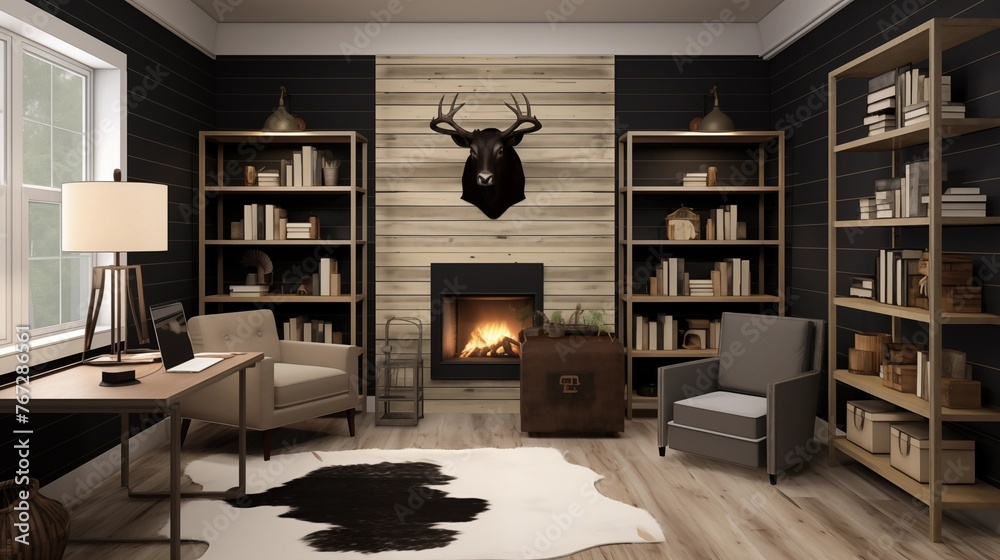 Modern farmhouse-inspired study with shiplap accent wall industrial ...