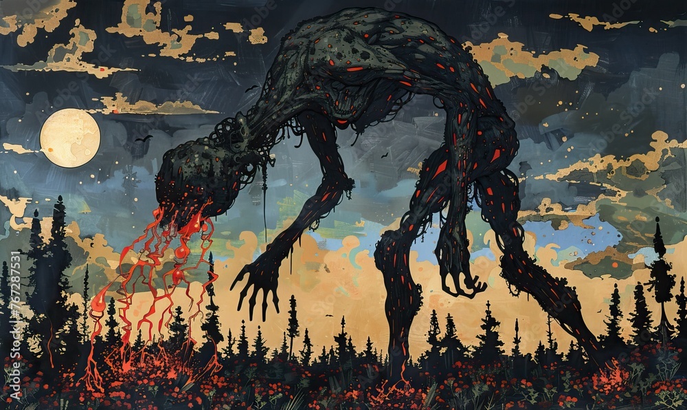Monstrous figure looming over a stylized cityscape. Surreal digital ...