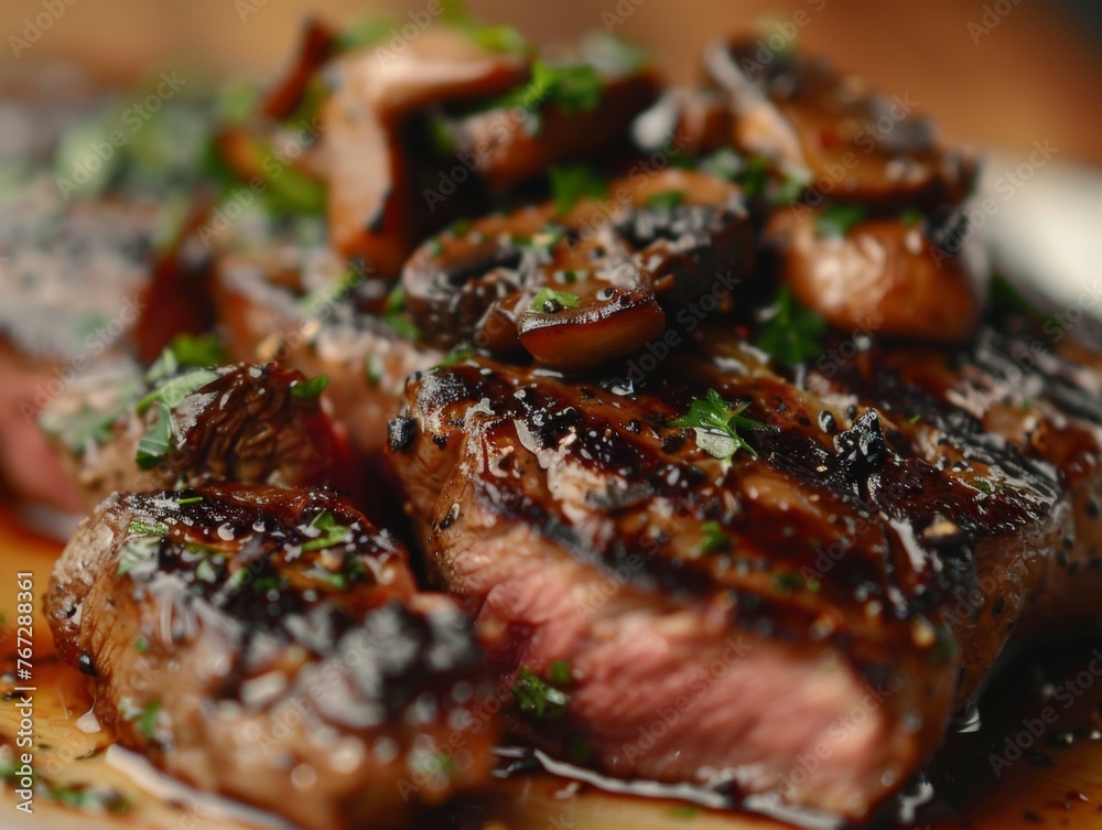 Gourmet close-up, the charred textures of a grilled steak meet the ...
