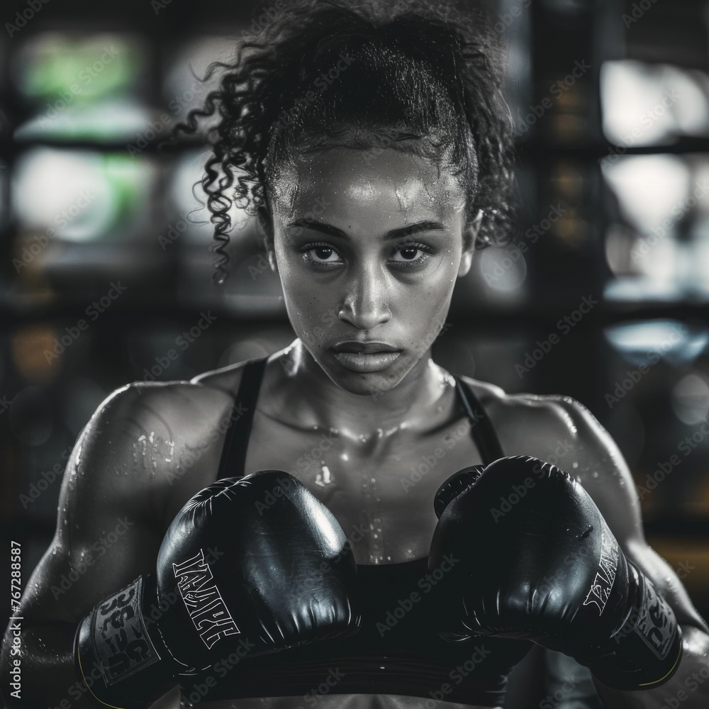 Boxing dedication, a woman finds her rhythm in the gym, gloves on ...