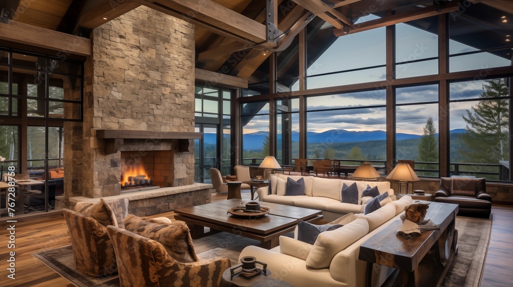 Mountain modern masterpiece with heavy timber framing walls of glass ...