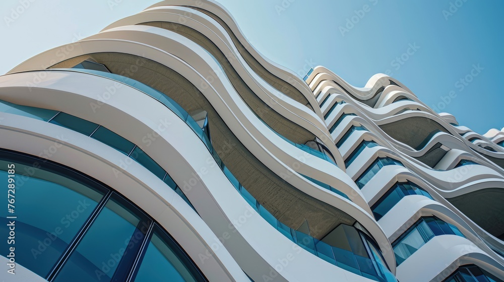 The highrise curved reflective architecture under the brightest clear ...