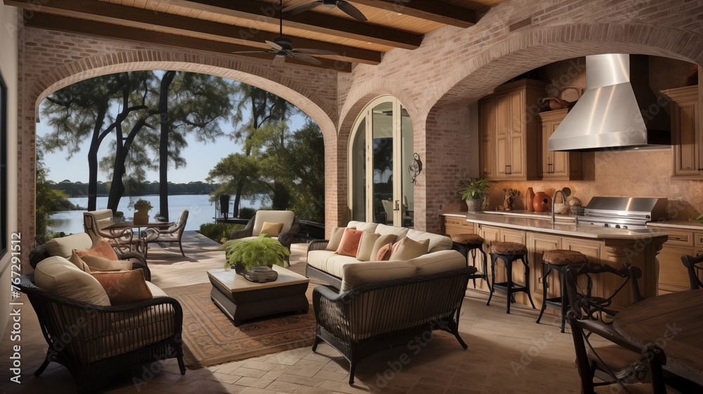 Open-air indoor/outdoor loggia kitchen and living area with bead board ...