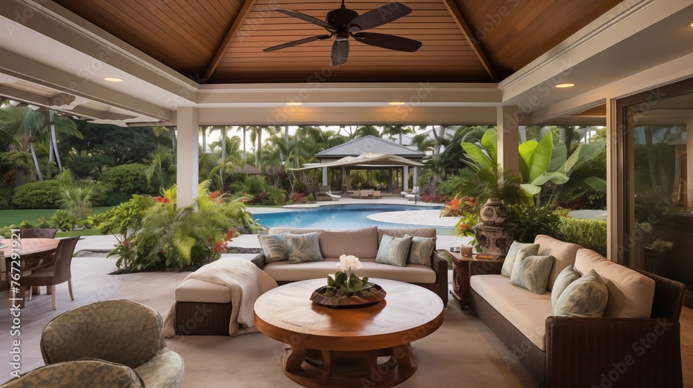 Open-air tropical lanai living room with vaulted tongue-and-groove ...