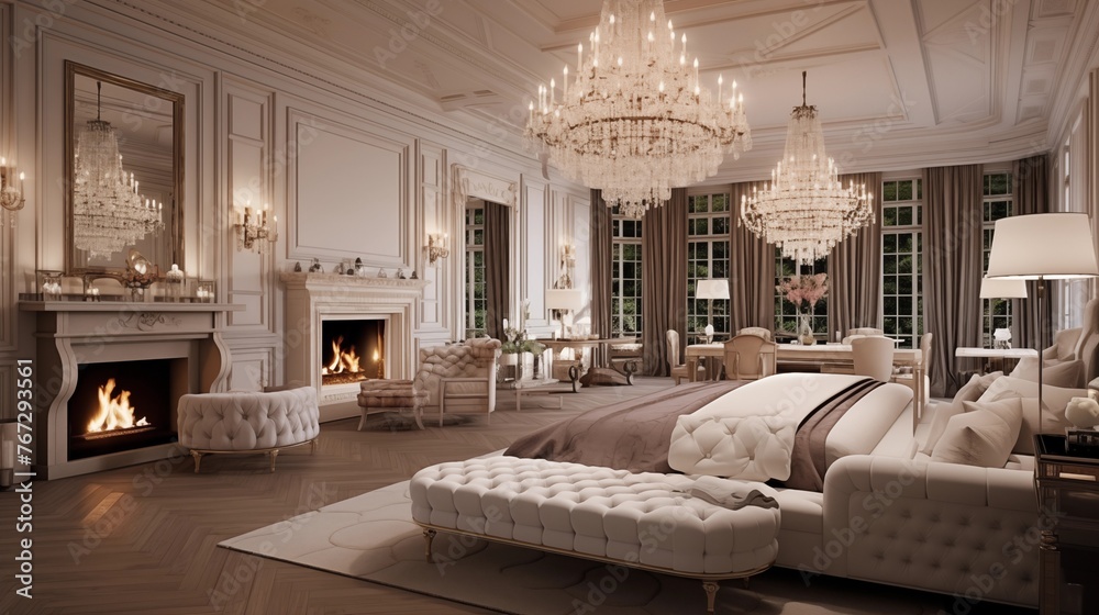 Opulent master bedroom suite with tufted headboard wall fireplace ...