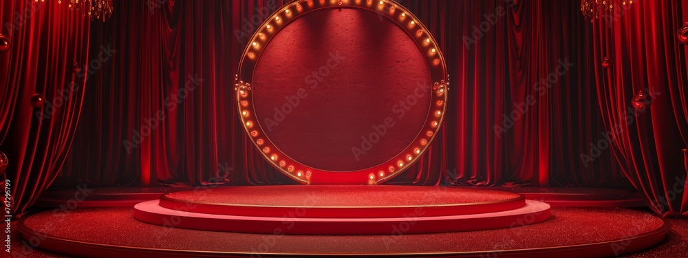 Circus stage podium background 3D carnival light red show curtain ...