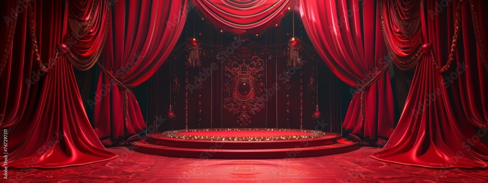 Circus stage podium background 3D carnival light red show curtain ...