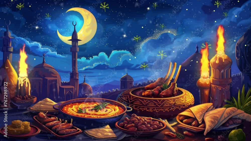 Muslim family dinner. Table prepared in Ramadan food, anime or cartoon ...