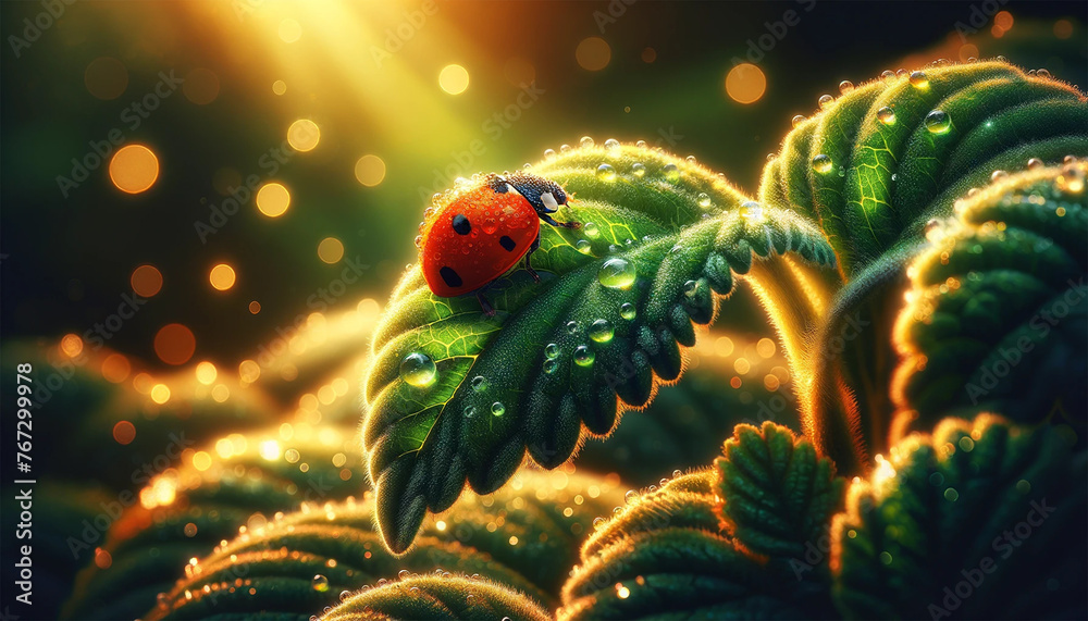 A ladybug exploring the edge of a lush green leaf, on the surface of ...