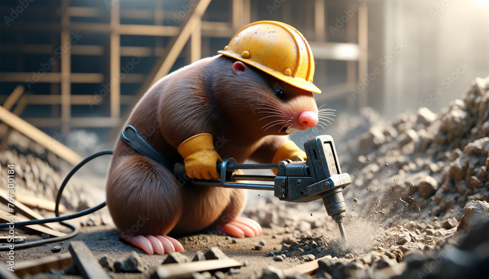An image of a small mole in a construction helmet, clutching a ...