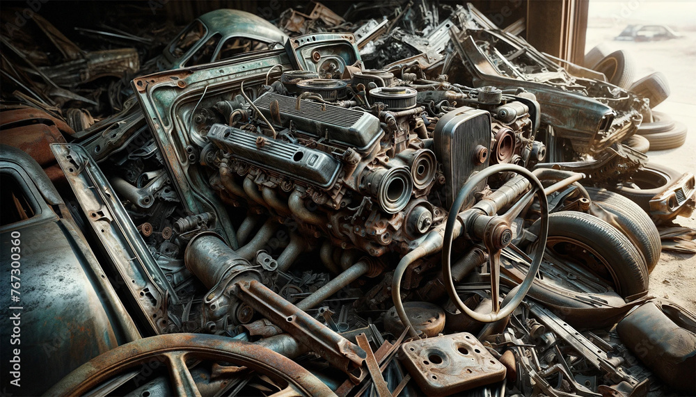Junkyard specifically for old cars, details of piles of rusty car parts ...