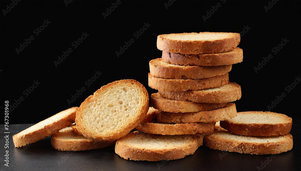 Round bread rusks pile whole wheat toast slices. Black background ...