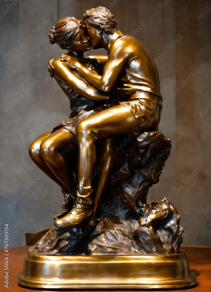 A bronze sculpture of a couple kissing and embracing, aged on top of a ...