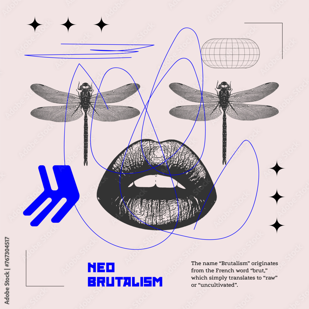 Vintage art collage with female open mouth and dragonflies. Female halftone photocopy open lips ...