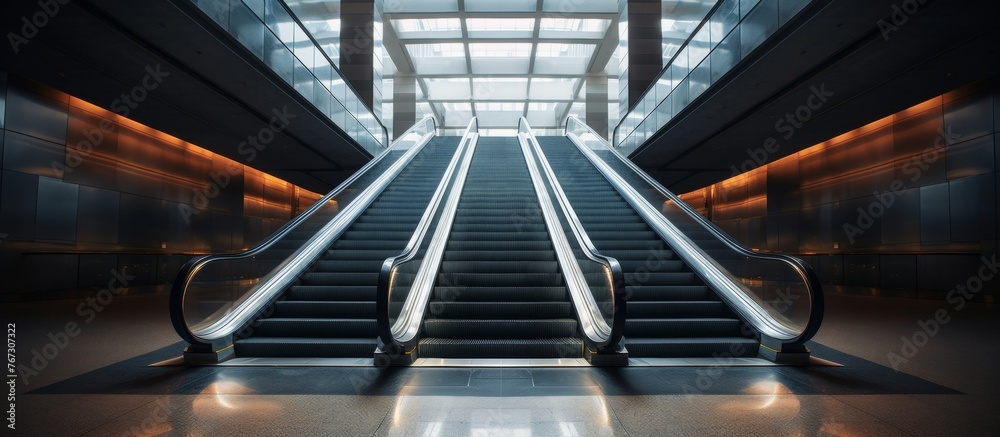 The building has a row of escalators made of steel, a composite ...