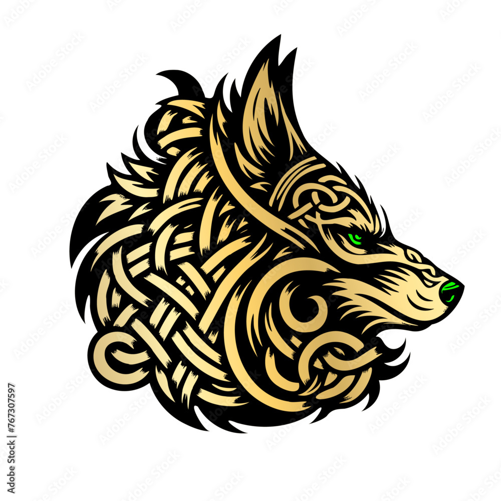 Vector wolf head silhouette inside half moon in gold, silver and white ...