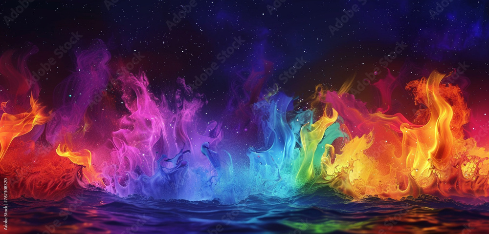 Explosive burst of colorful flames spreading across the frame, painting ...
