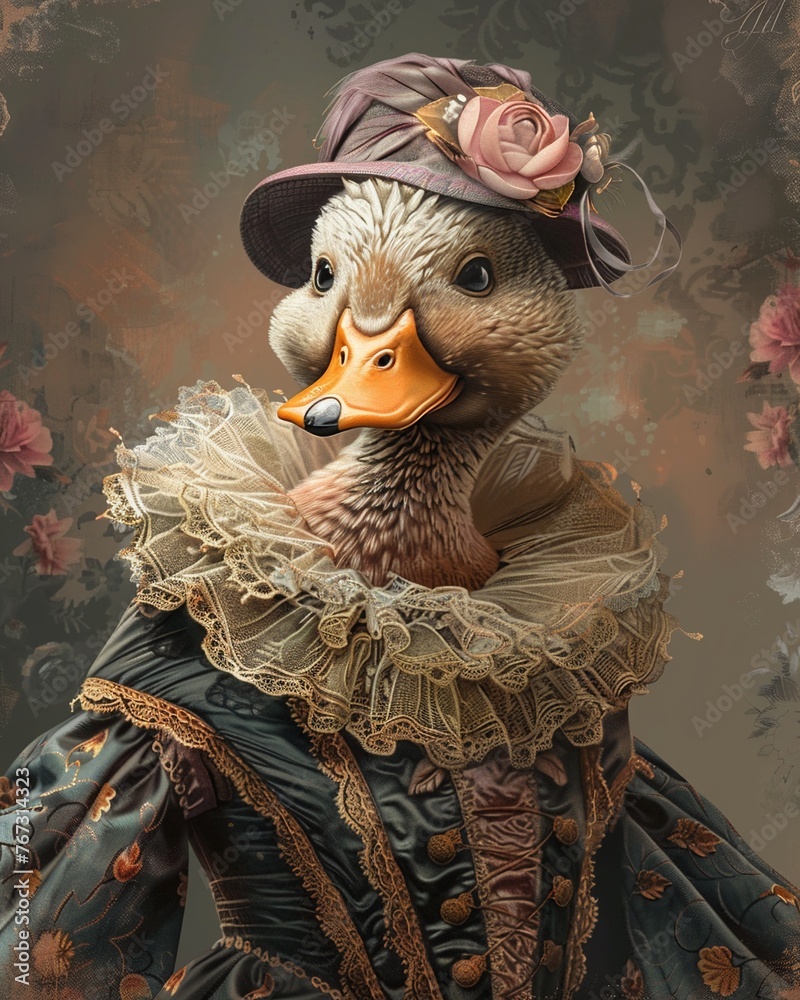 Quirky illustration of a duck donning a lavish Victorian dress , High ...