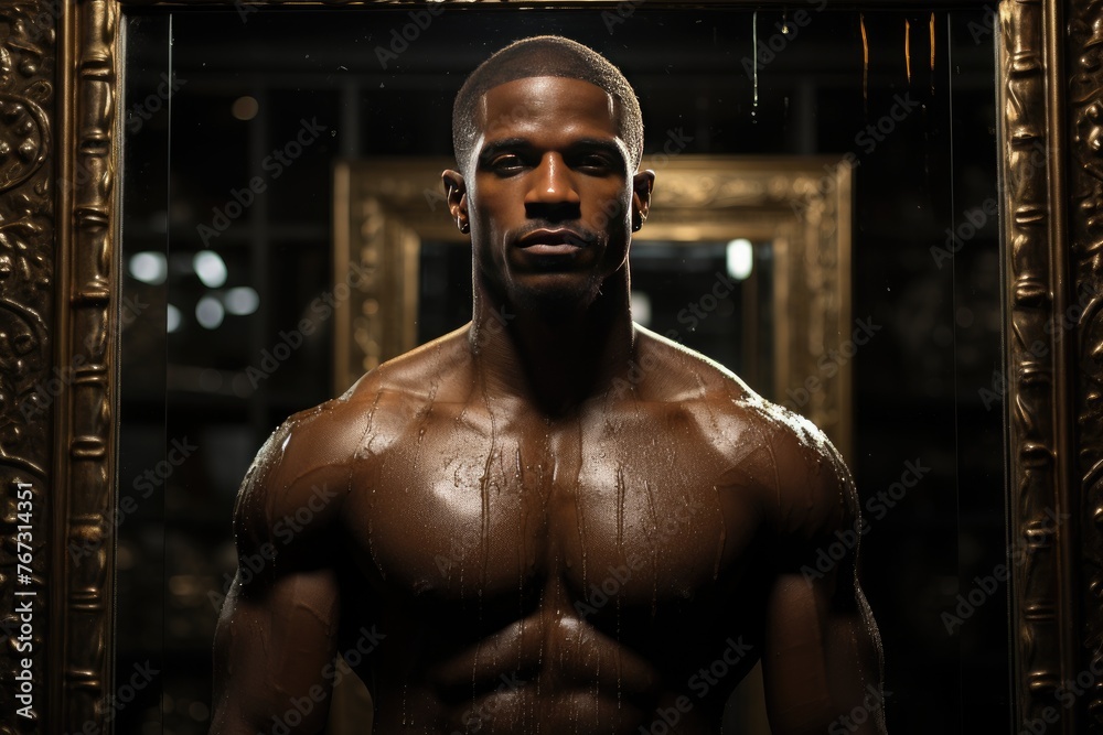 Muscular athlete in the face of full body mirror., generative IA Stock ...