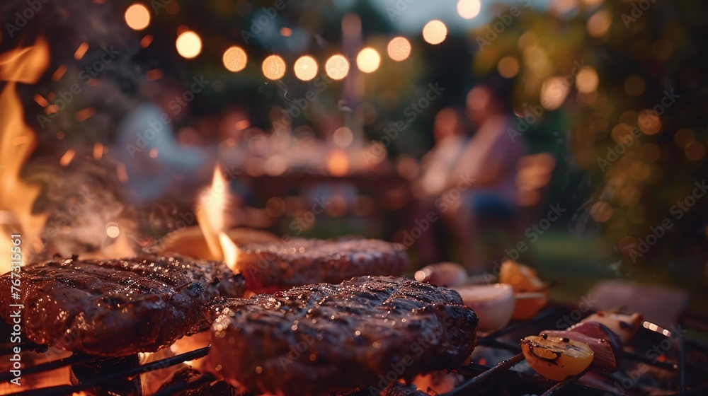 outdoor barbecue party with people having fun, featuring grilled steak ...