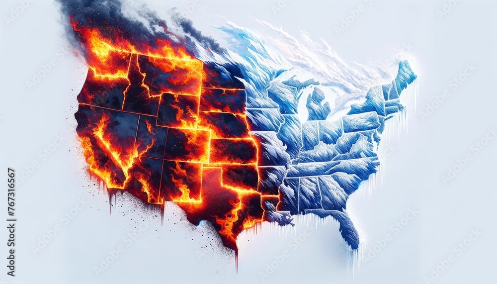 Vivid Fire and Ice Themed US Map Artwork - This piece creatively ...