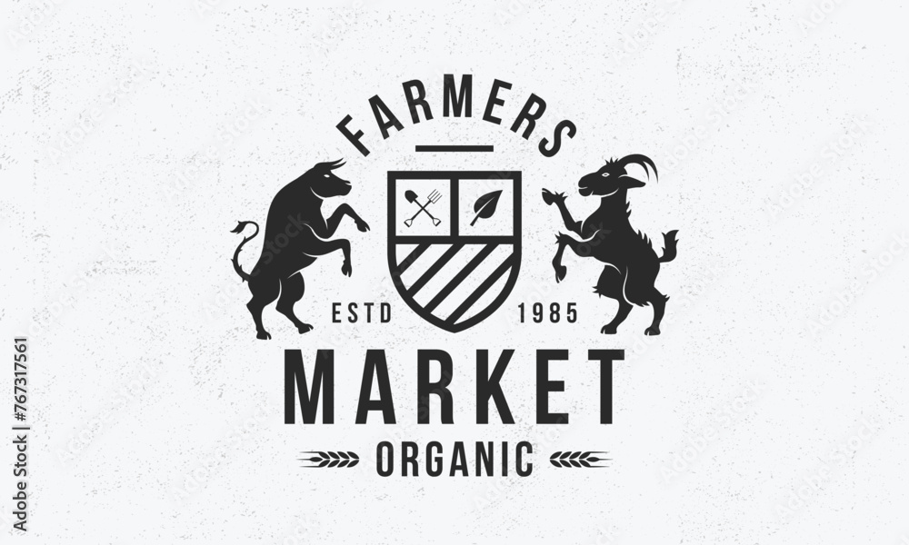 Farmers Market logo. Food store emblem, poster. Bull and Goat ...