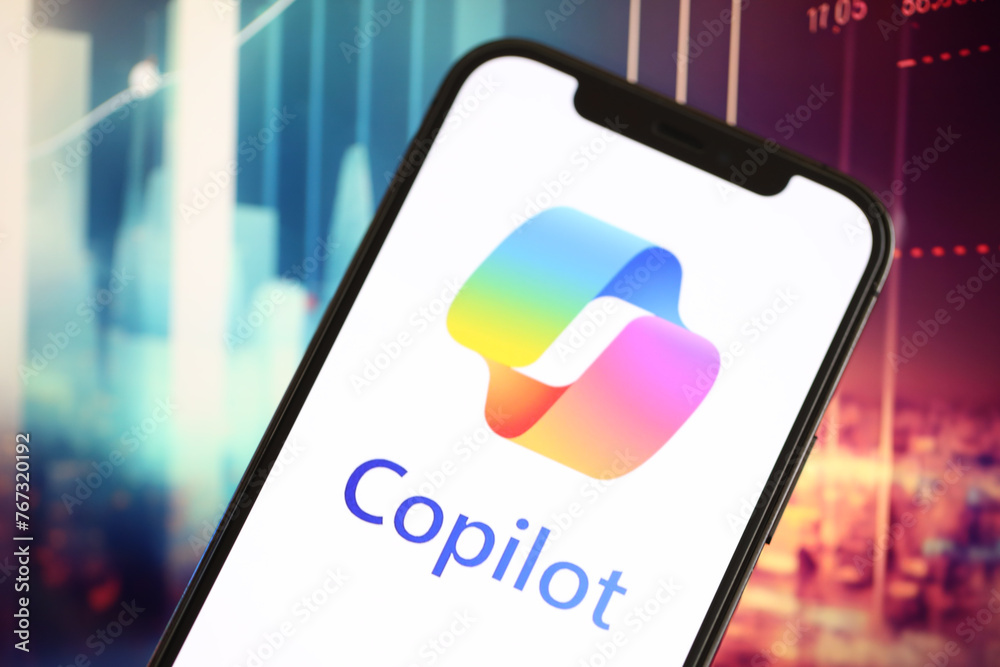 KYIV, UKRAINE - MARCH 17, 2024 Microsoft Copilot logo on iPhone display ...