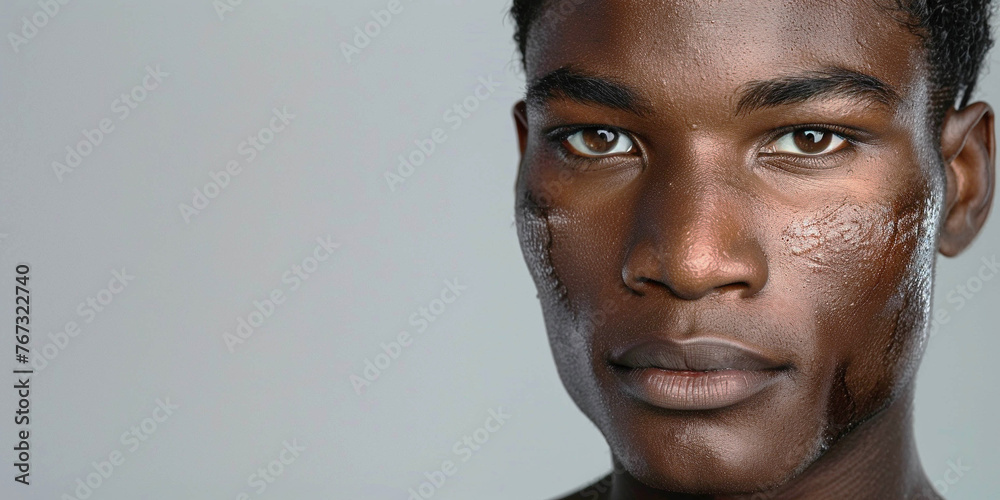 Photo of a black man with a scar on his cheek against a light ...