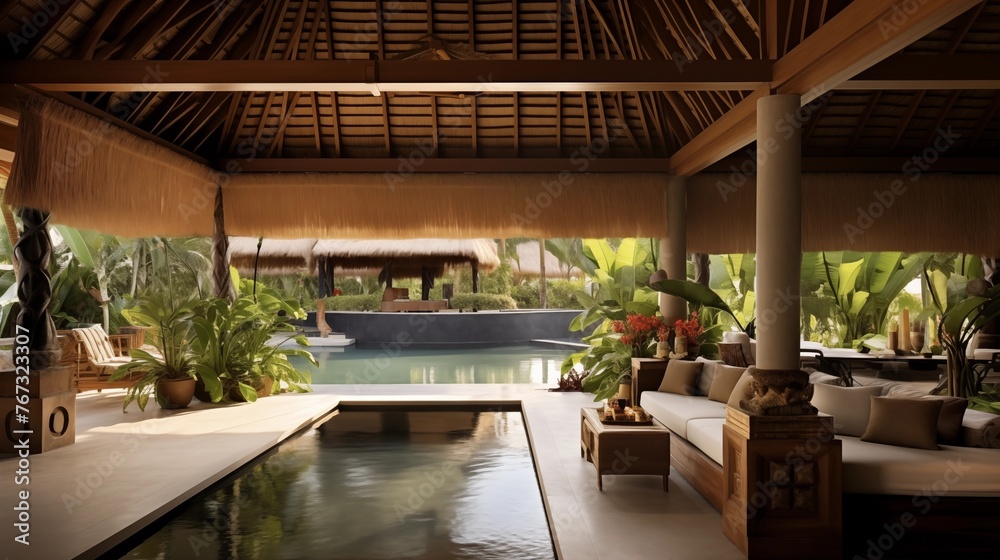Indoor/outdoor Balinese pool pavilion with soaring thatched ceilings ...
