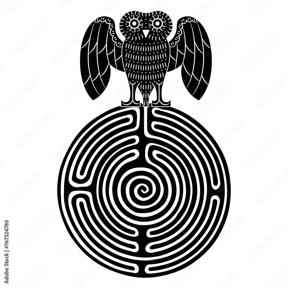 Ancient Greek owl with open wings standing on a round spiral maze or ...