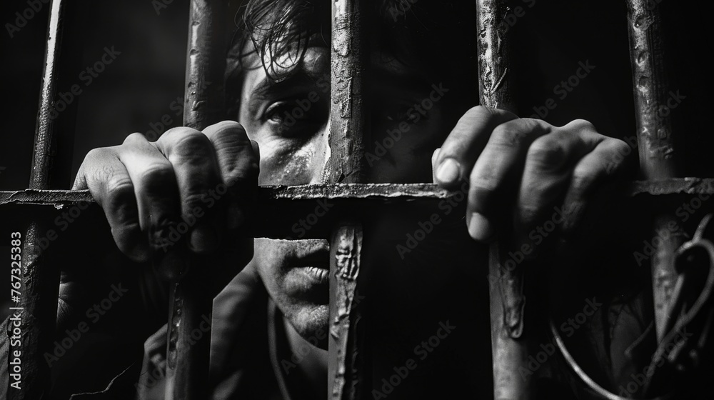 Prisoner holding onto prison bars, gazing into the distance with a look ...