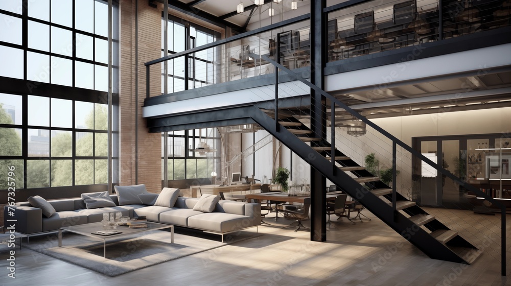 Industrial modern two-story loft apartment with glass railings metal ...