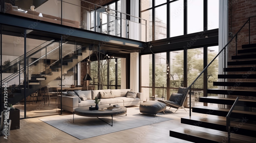 Industrial modern two-story loft apartment with glass railings metal ...