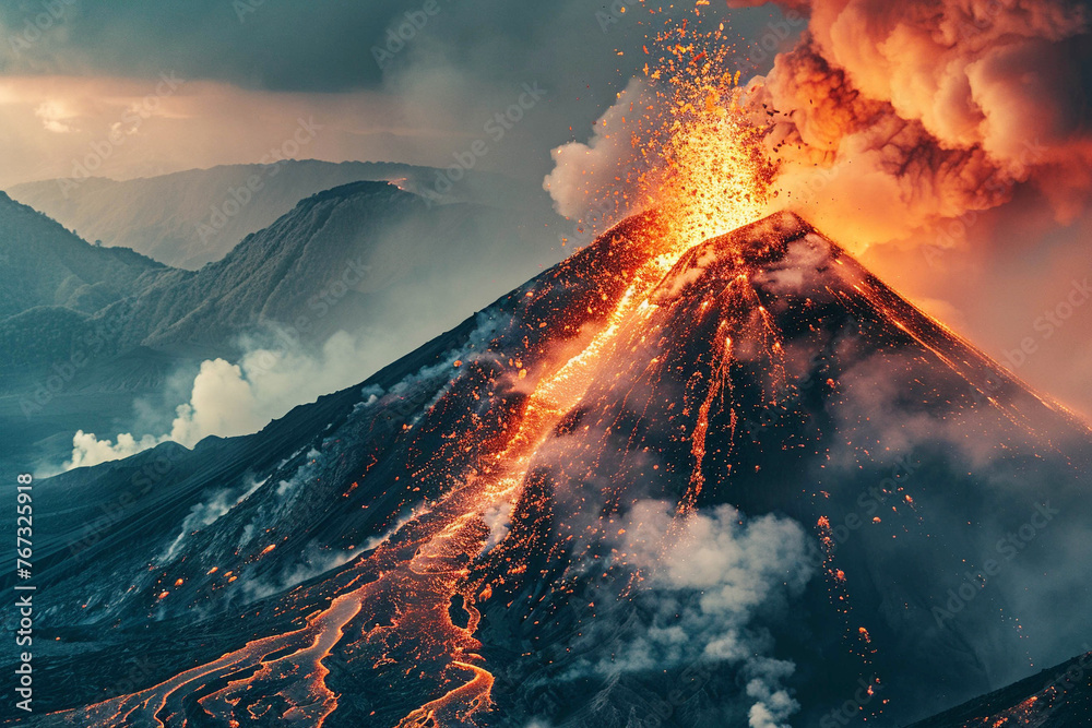 Photograph of a volcano at the moment of eruption, accompanied by a ...