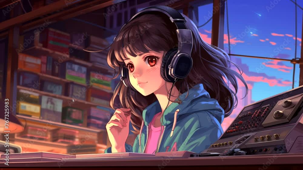 Anime girl playing music in the studio, for Lofi background music ...