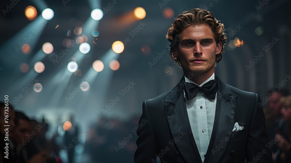 A male model in a tailored, classic tuxedo walking down a runway under ...