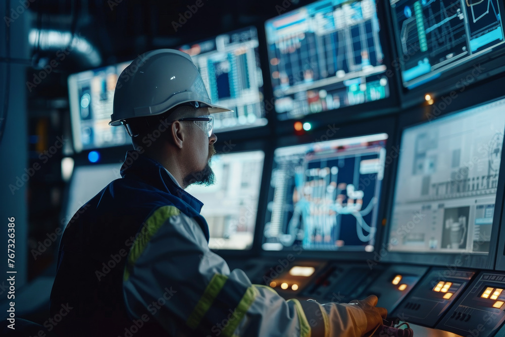 A high-voltage electrician working in a power plant control room. The ...