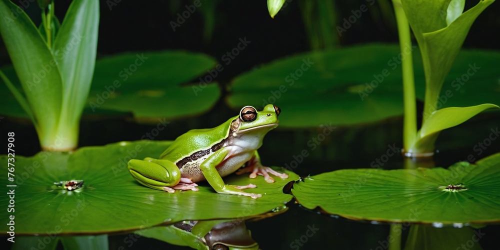 Frog Leaping in the Water. A frog leaps through the air with its long ...