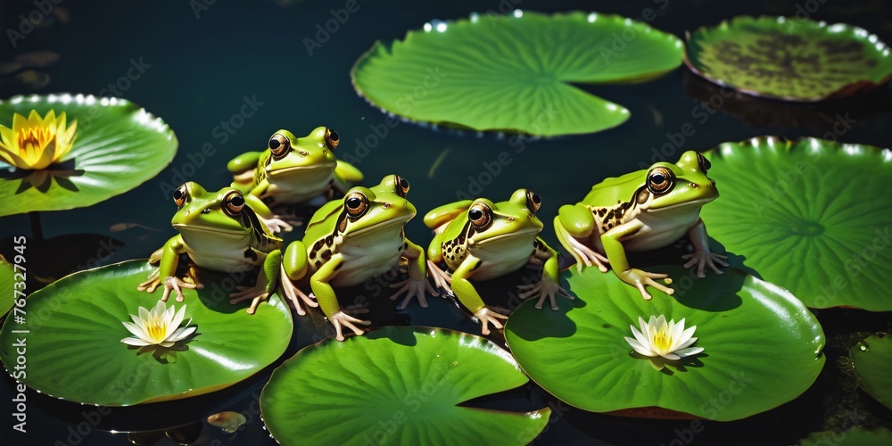 Frog Leaping in the Water. A frog leaps through the air with its long ...