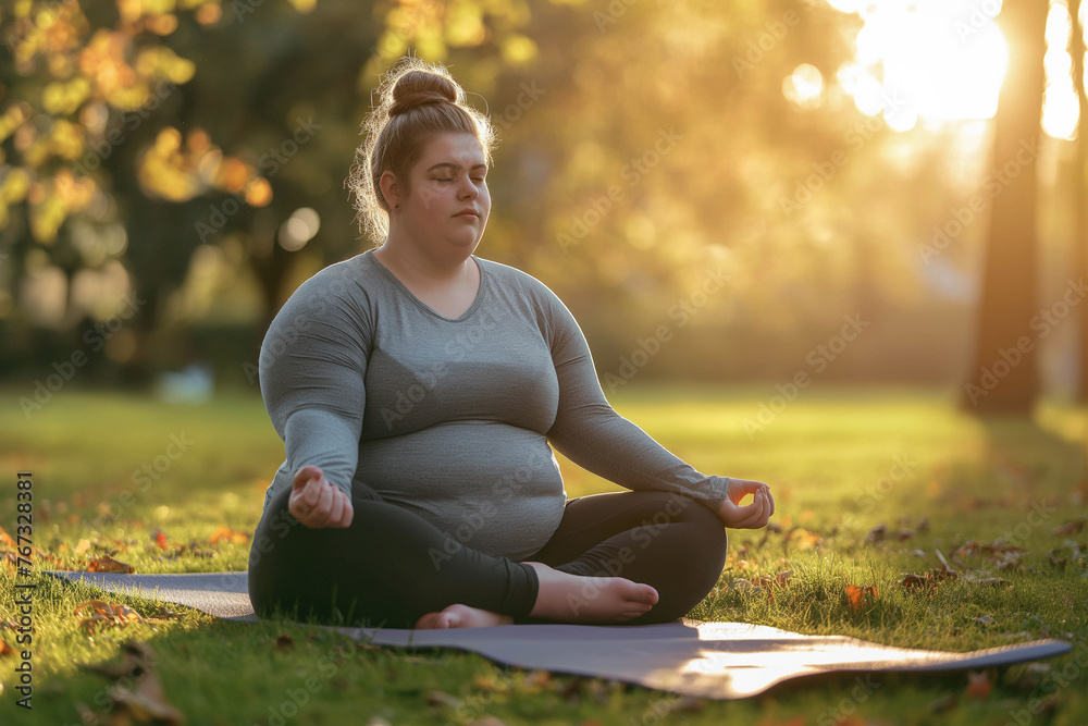Overweight girl early in the morning on the mat doing adaptive yoga ...