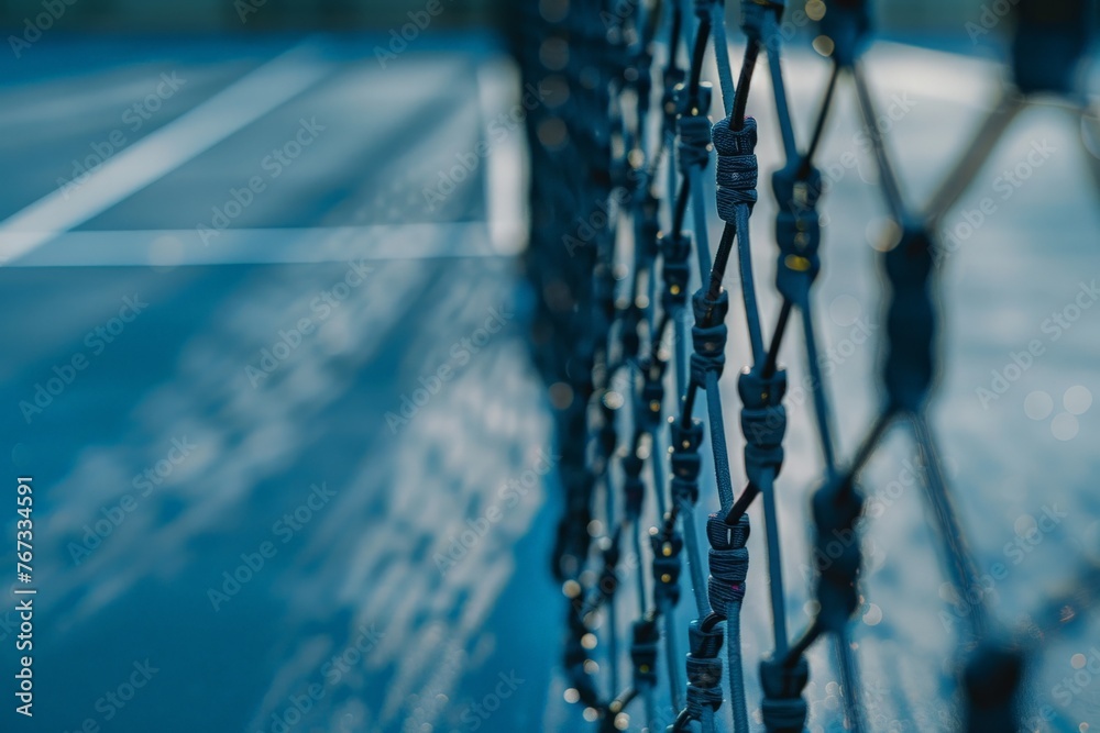 A detailed close up of a tennis court with a net, showcasing the ...