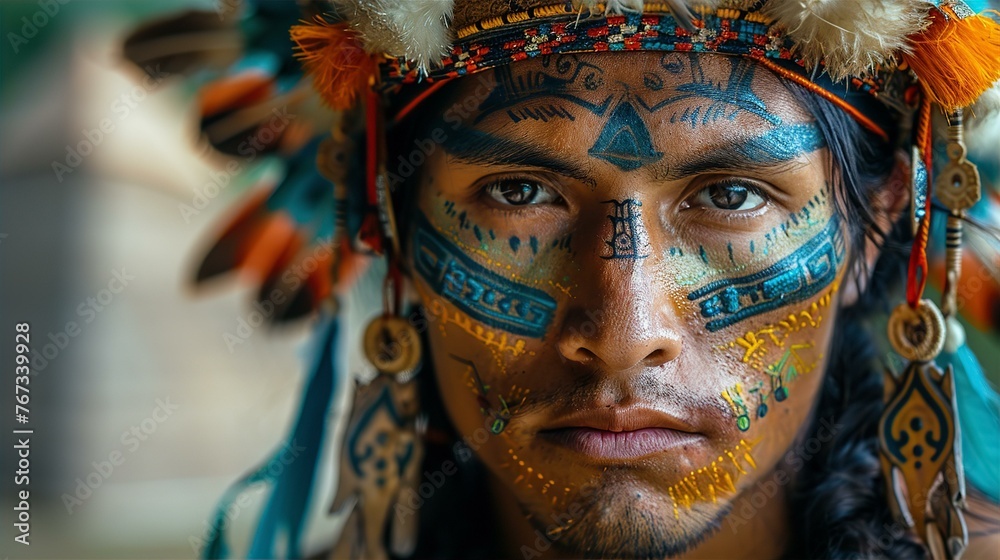 Young Mayan man wearing traditional feathers head crown, face painting ...