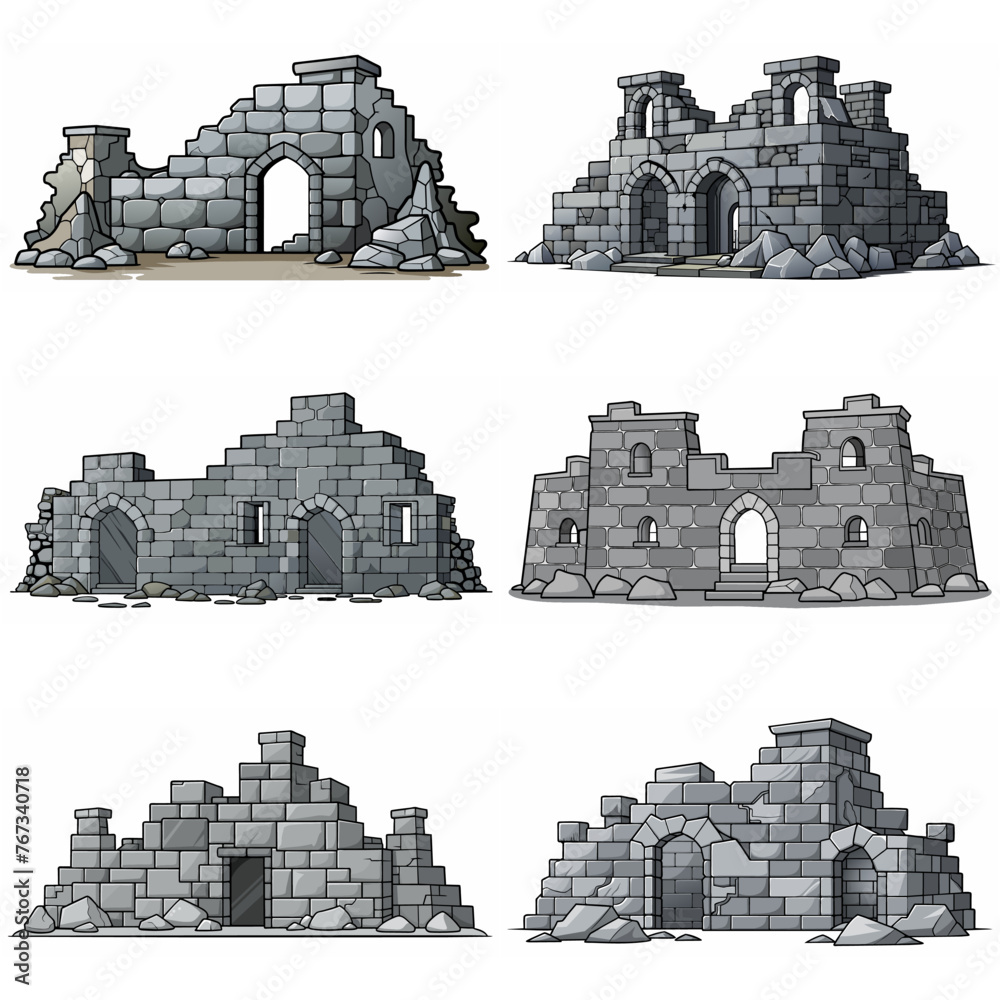 Ancient medieval stone ruins set. Broken castle, fort, temple ruins ...