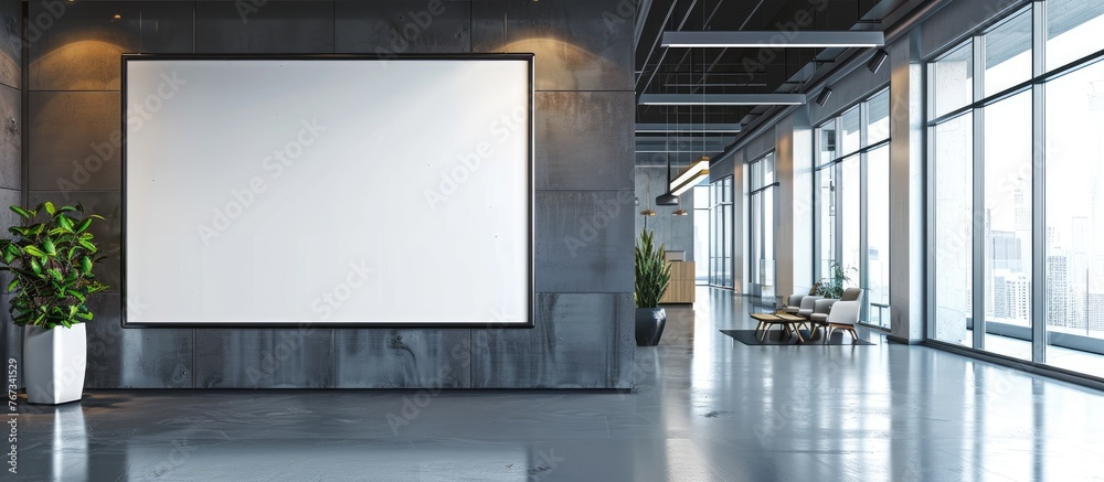 A modern panel with a blank white screen is displayed in an office ...